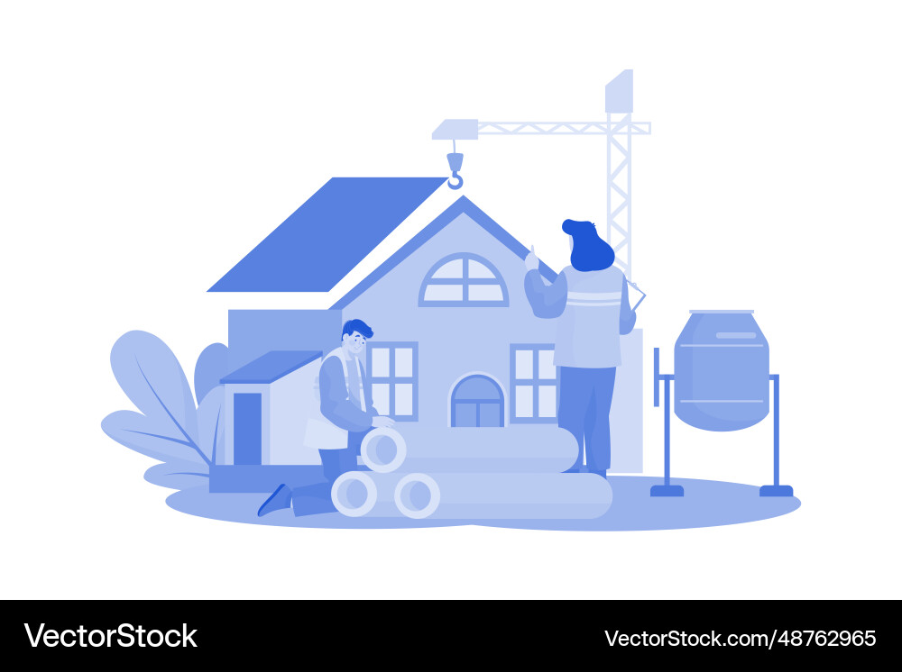 Construction crew installs new roof on building Vector Image