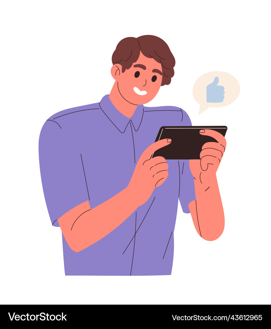 Man holding smartphone looking at screen and he Vector Image