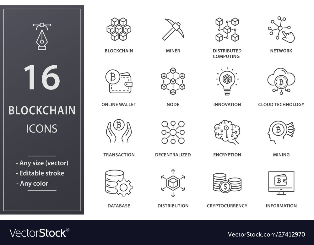 Blockchain technology line icons set black Vector Image