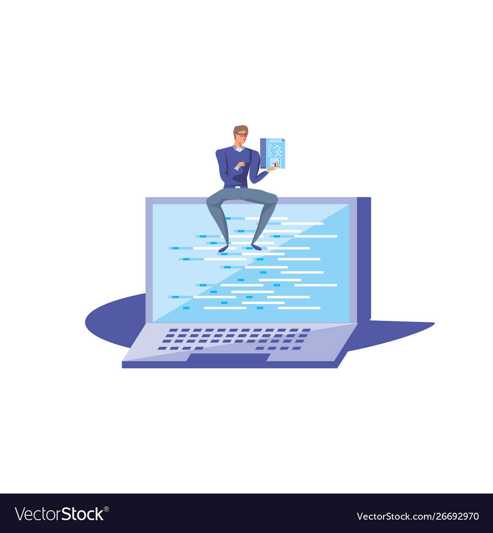 Business man with document and laptop computer Vector Image