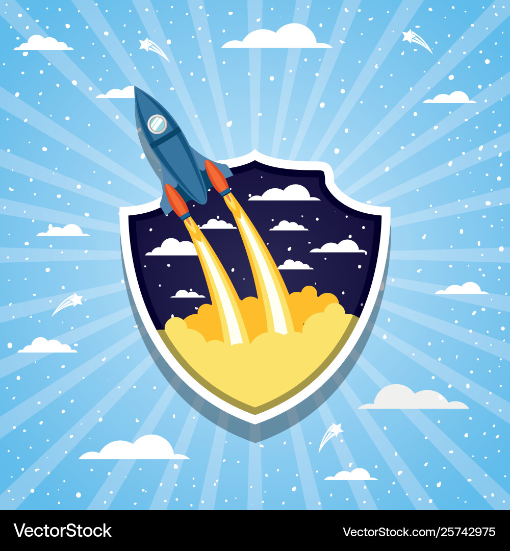 Rocket over clouds and striped background design Vector Image