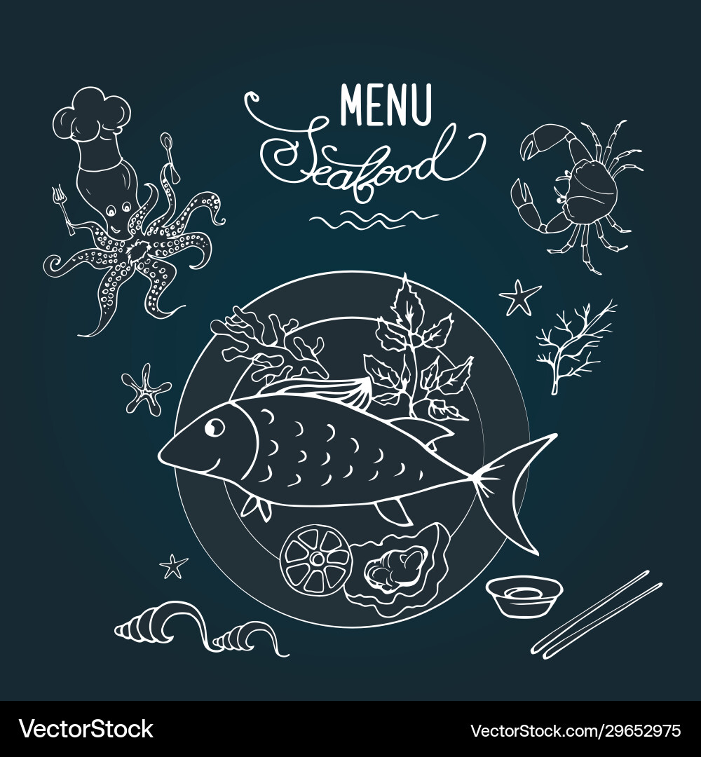 Seafood and fish on a plate black board background