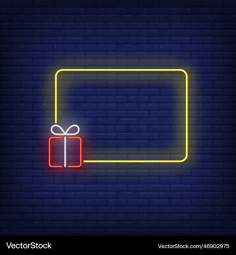 Yellow glowing frame neon sign red gift box Vector Image