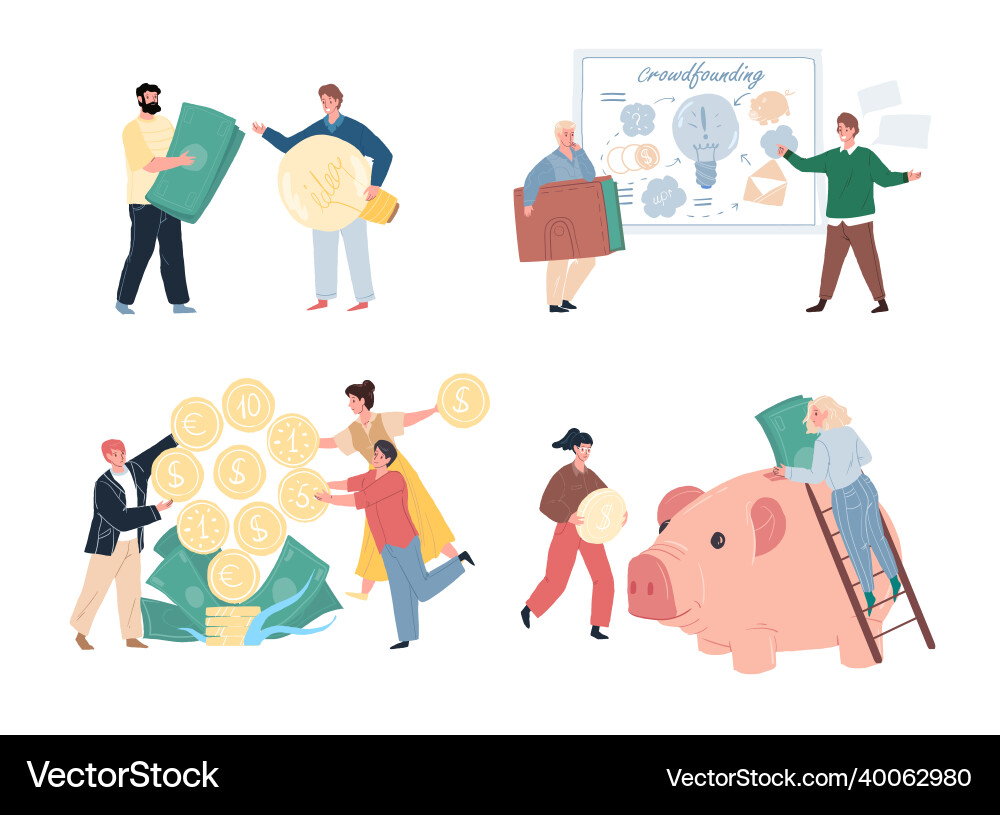Flat cartoon characters in crowdfunding scenes Vector Image
