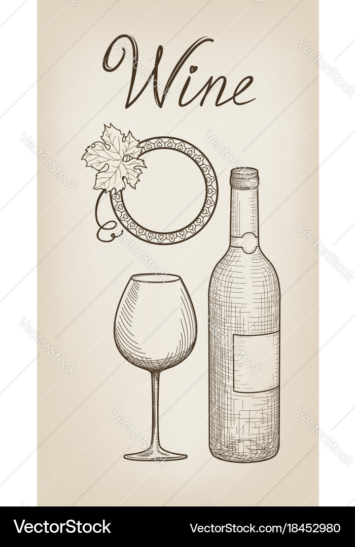 Wine set glass bottle lettering cafe menu Vector Image