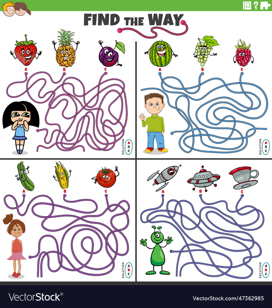 Find the way maze games set with cartoon kids Vector Image