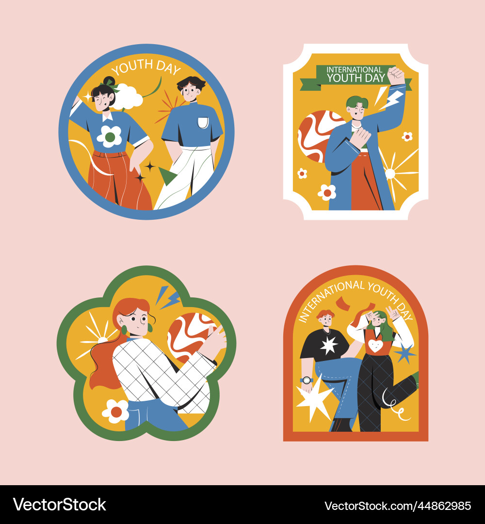 Flat international youth day labels set Royalty Free Vector