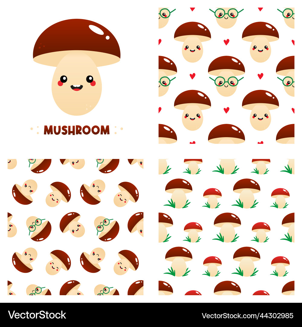 Mushroom character and three patterns set Vector Image