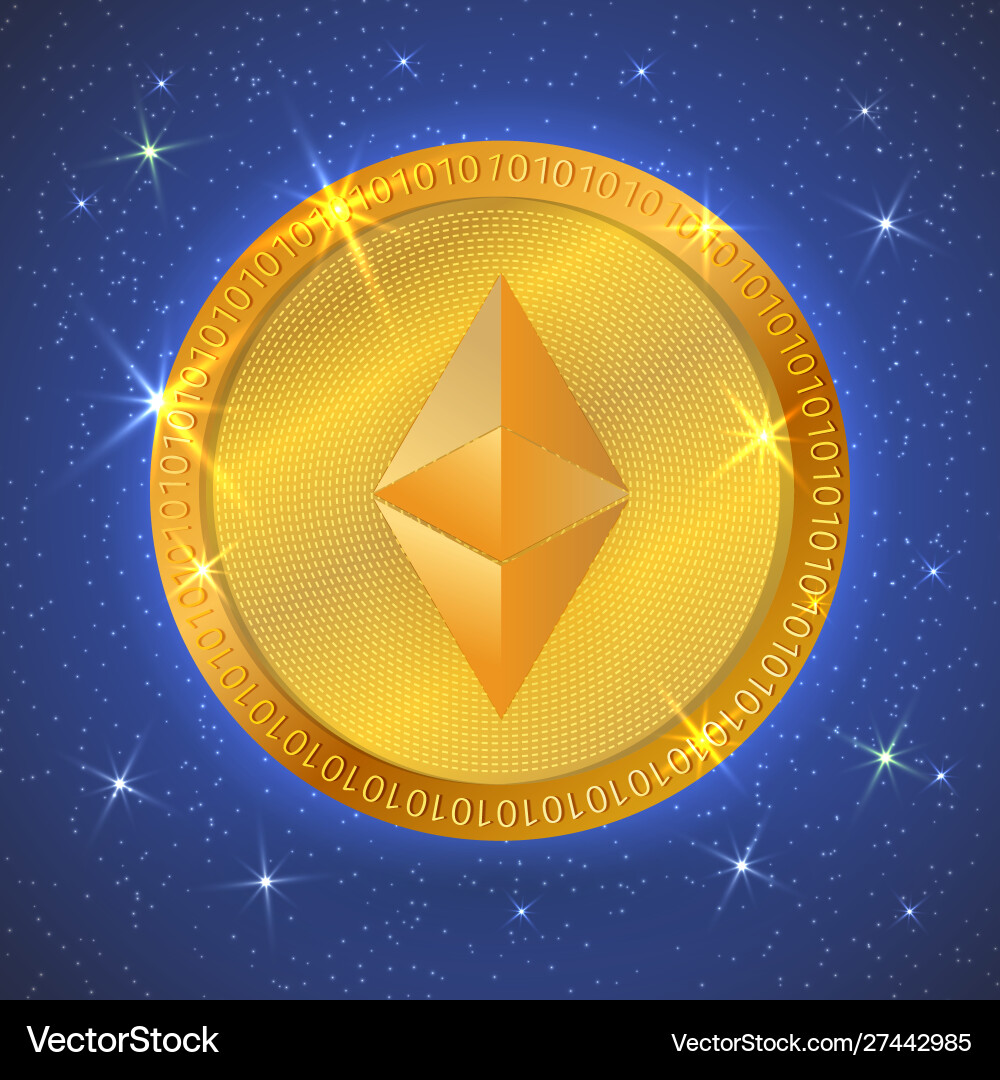 Realistic gold ethereum icon in space Royalty Free Vector