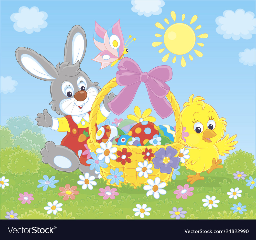 Bunny and chick with an easter basket Royalty Free Vector
