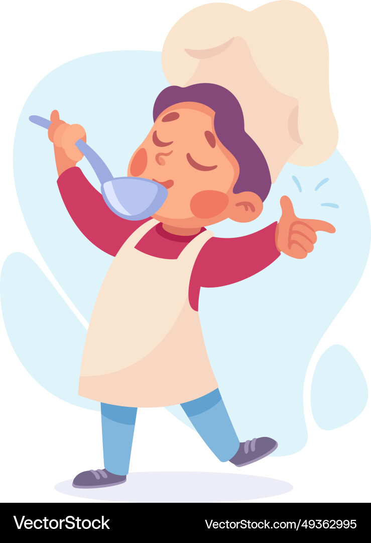 Boy cook or chef character in uniform taste soup Vector Image