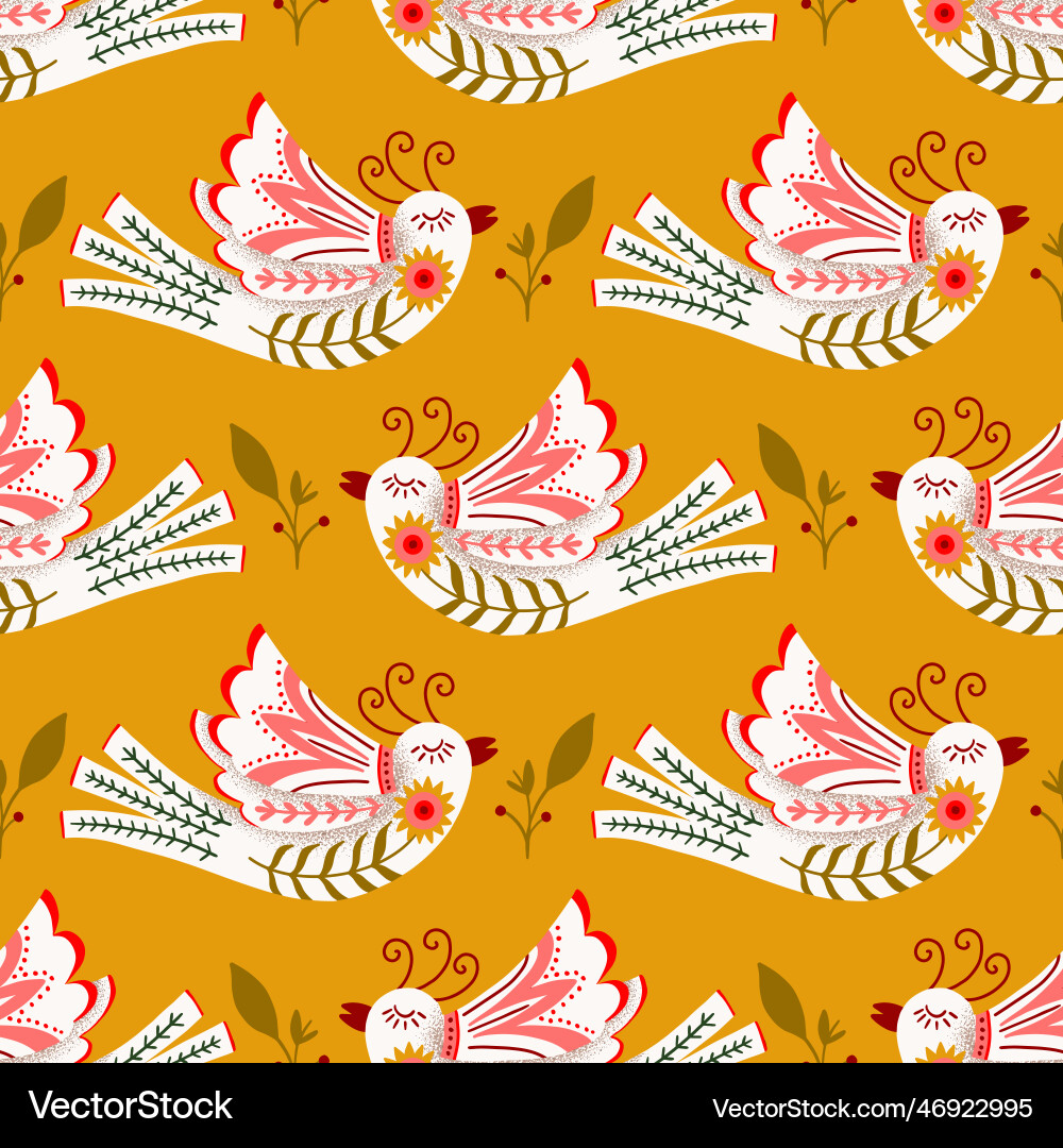 Folk art birds flying in yellow seamless pattern Vector Image