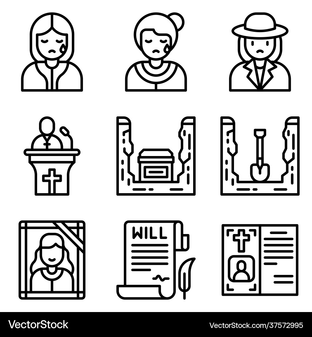 Funeral related icon set 6 line style Royalty Free Vector