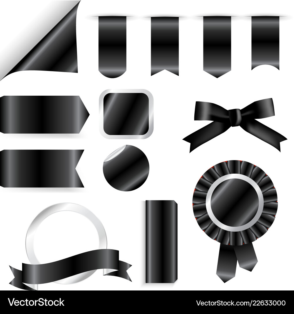 Black ribbons flag and labels set isolated Vector Image