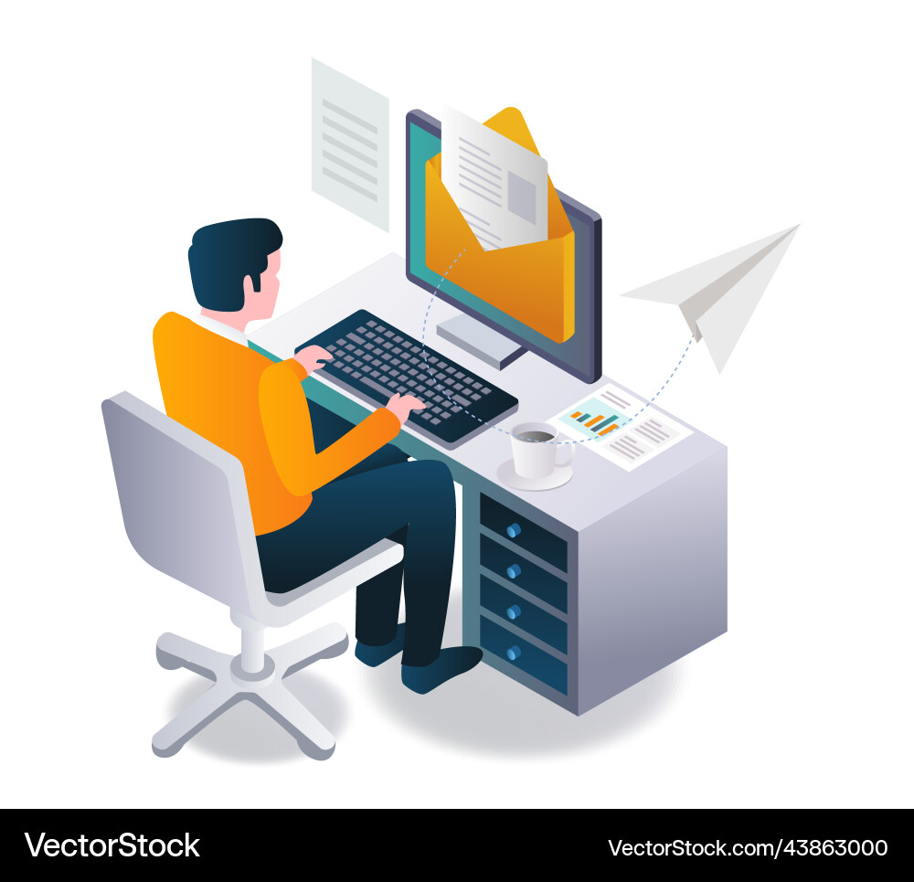 Man is sending email safely and work in desk Vector Image