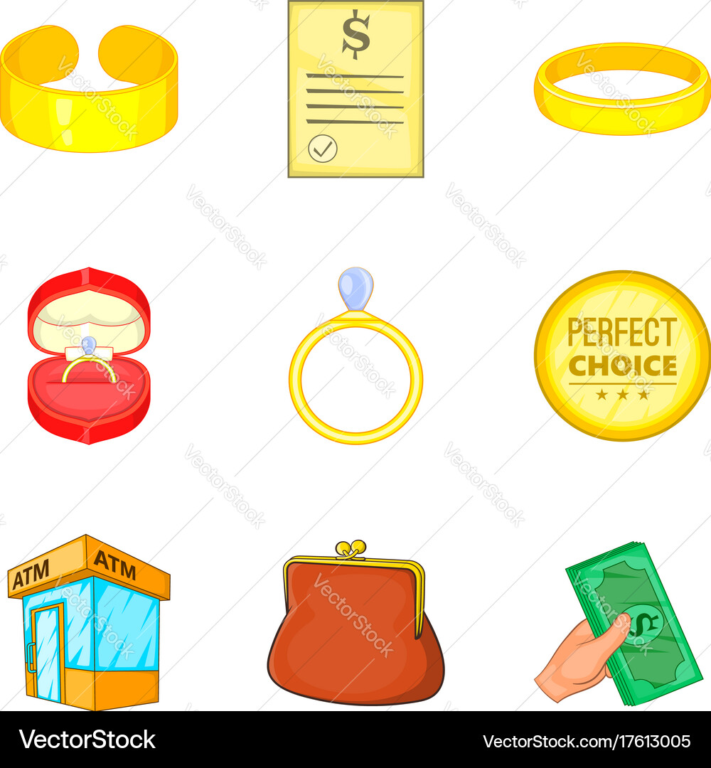 Gold things icons set cartoon style Royalty Free Vector