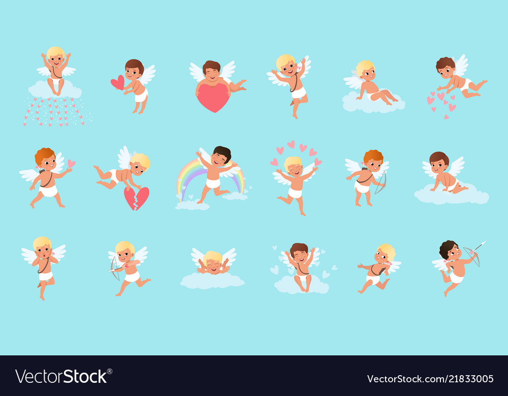 Set of cute cupid boys in different actions Vector Image