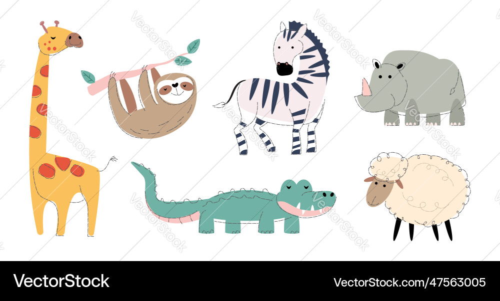 Wildlife animals set 4 flat shape and pencil Vector Image
