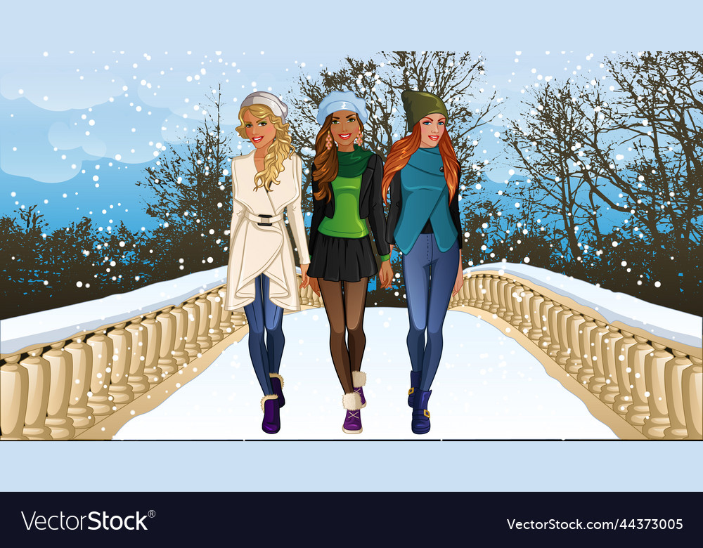Winter walk set of female characters on a snowy ba