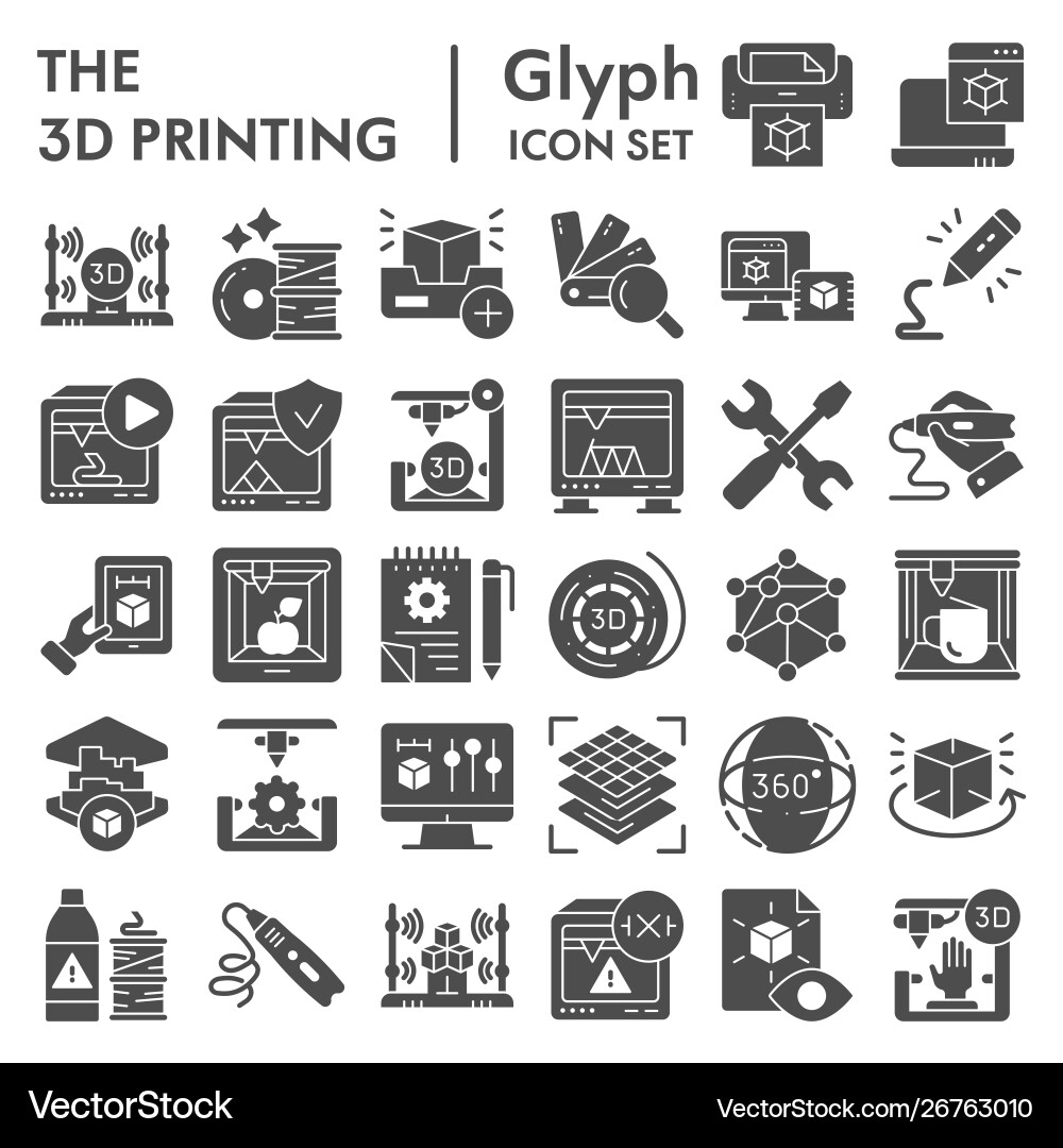 3d printing glyph icon set print industry Vector Image