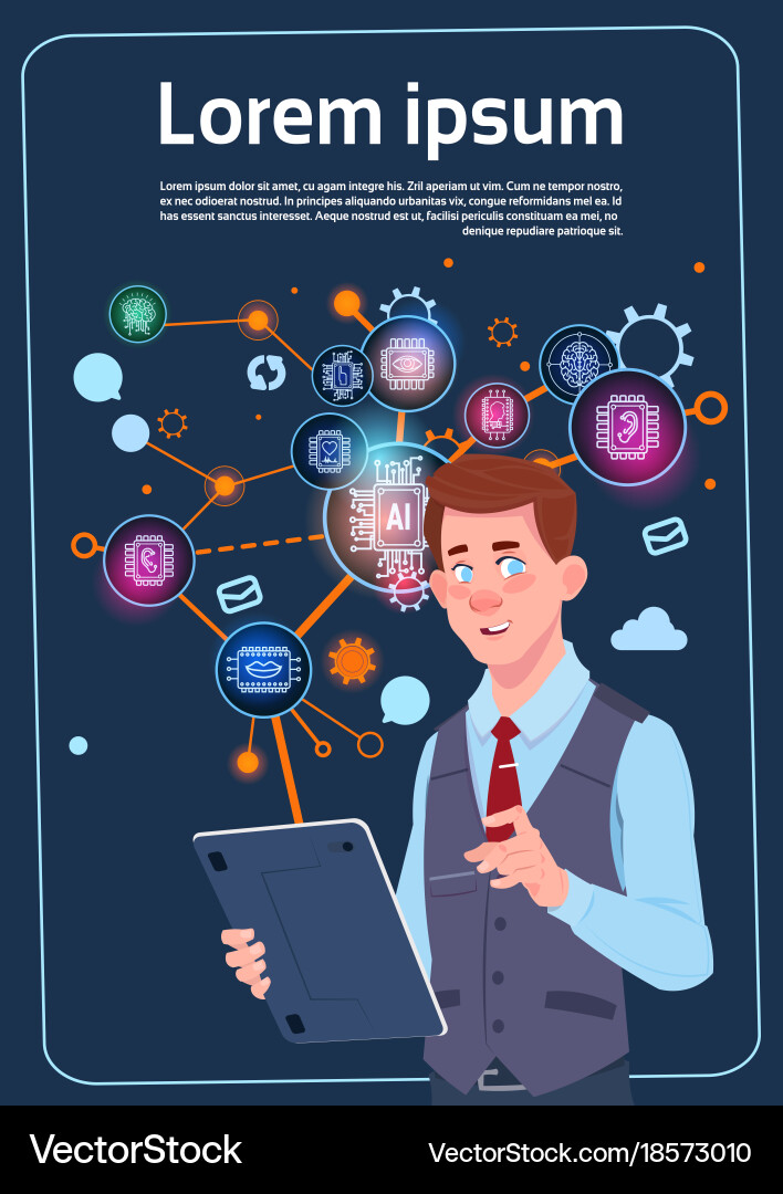 Businessman holding presentation stand over Vector Image