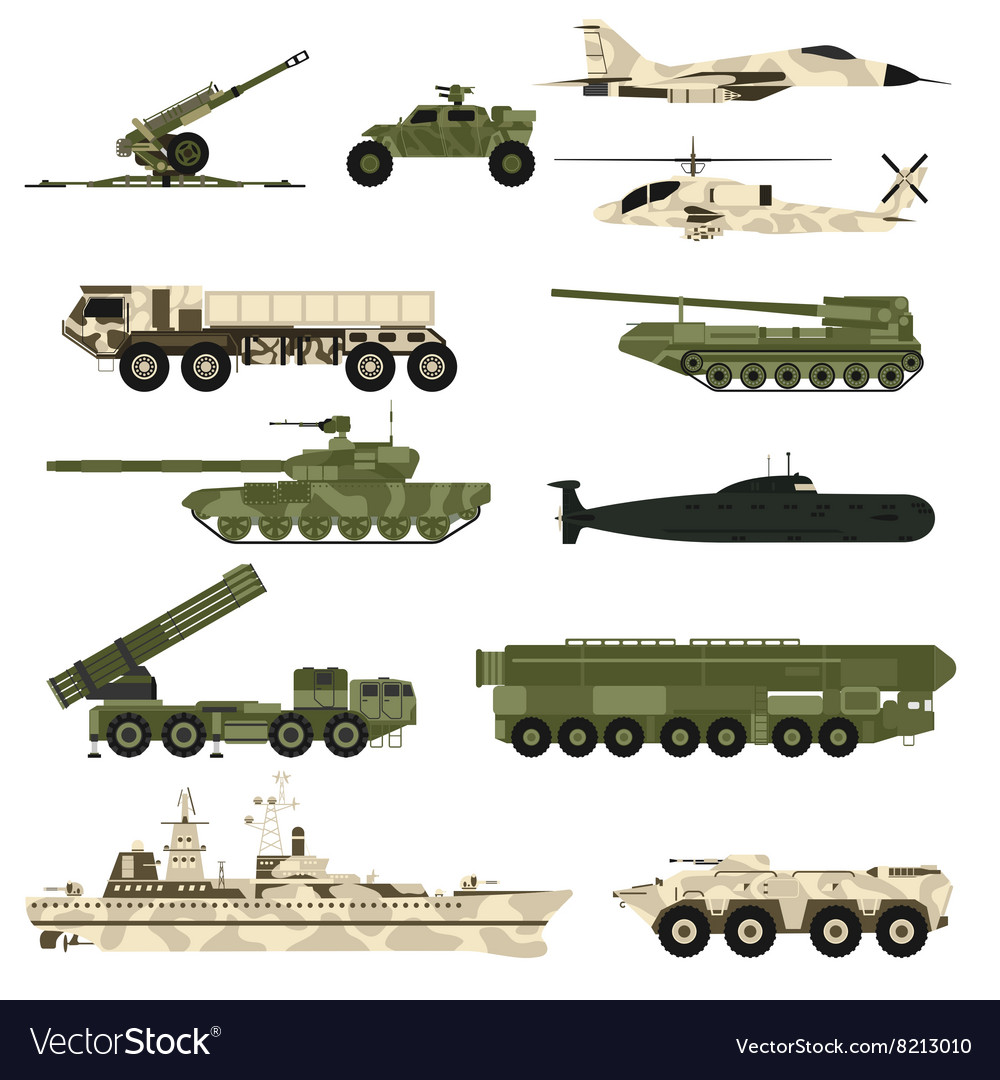 Military technic icon set and armor tanks flat Vector Image