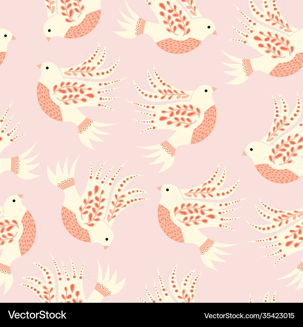 Dove seamless pattern folk art white bird Vector Image