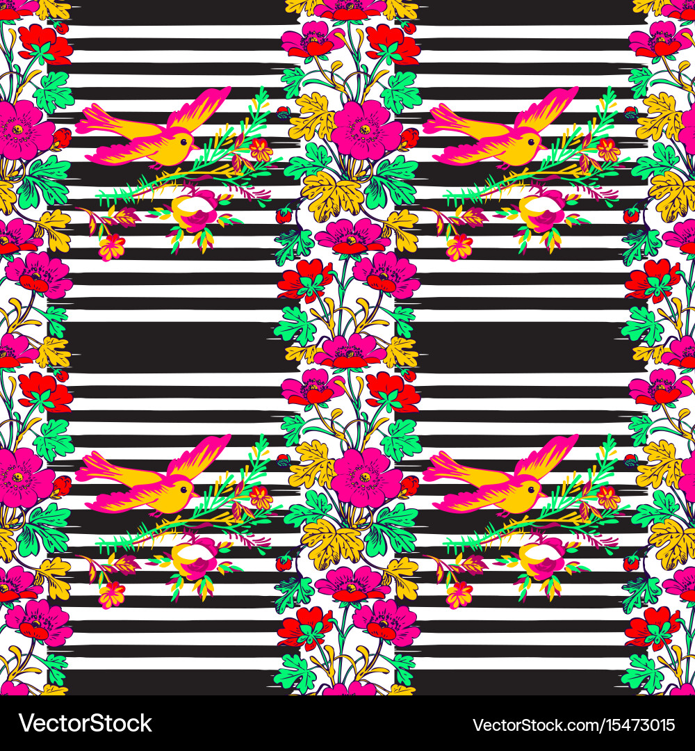 Seamless exotic bird flying and botanical border Vector Image