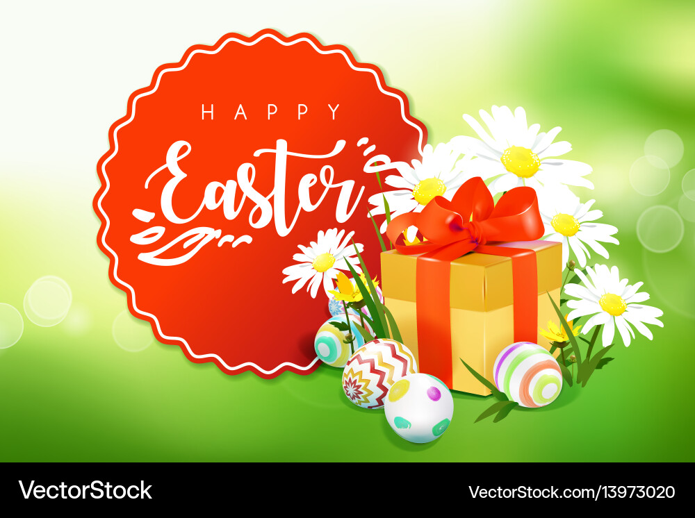 Easter card with gift box eggs and flowers Vector Image
