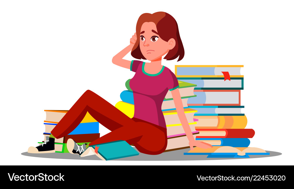 Stressed student sitting surrounded by stacks of Vector Image