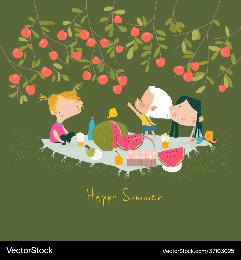 Happy children having picnic under apple tree Vector Image