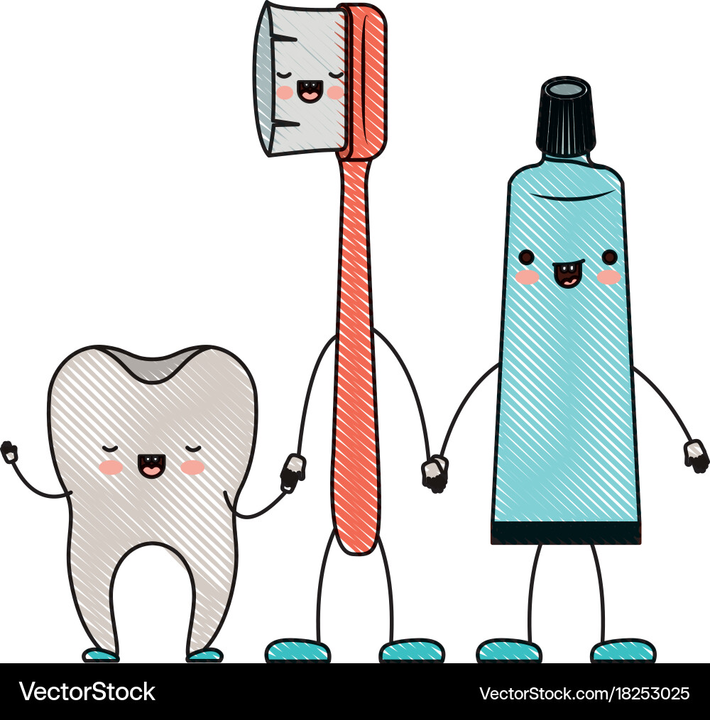 Tooth and toothbrush and toothpaste in cartoon Vector Image