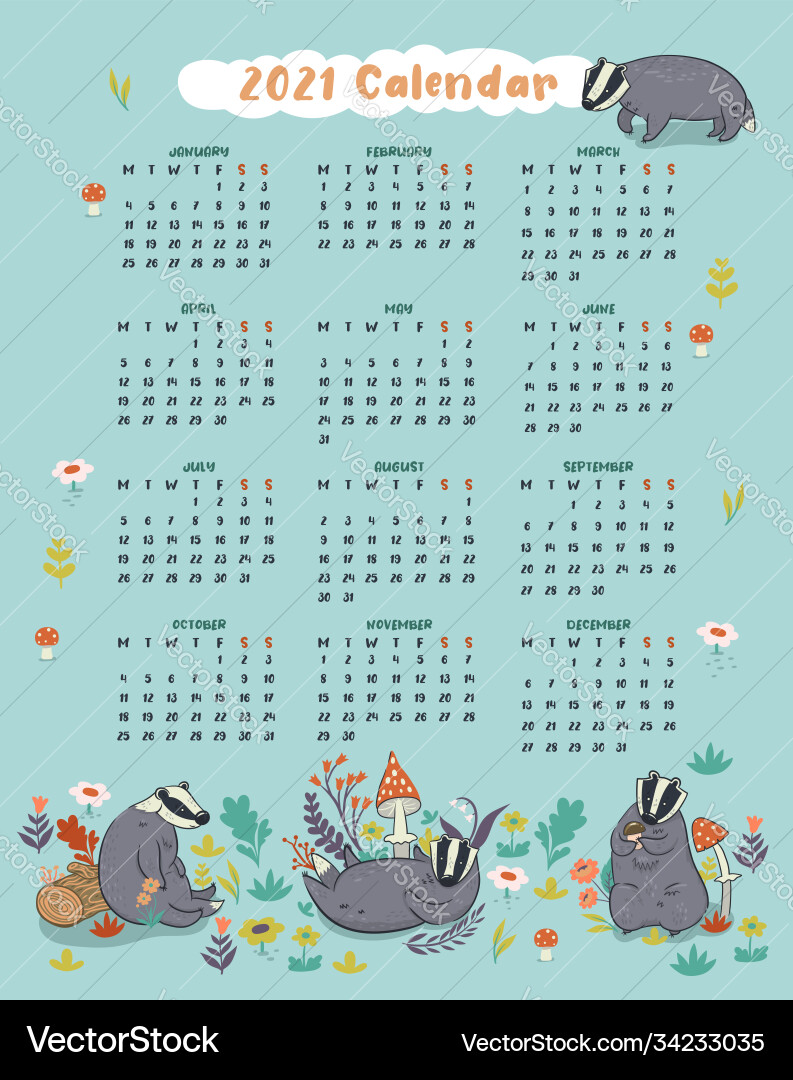 Cute 2021 calendar with badgers graphics Vector Image
