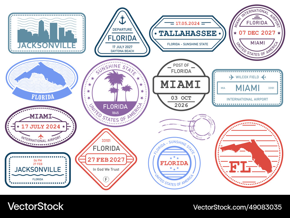 Florida stamps set postage stamp with symbols Vector Image