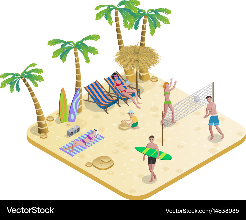 Isometric people on tropical beach concept Vector Image