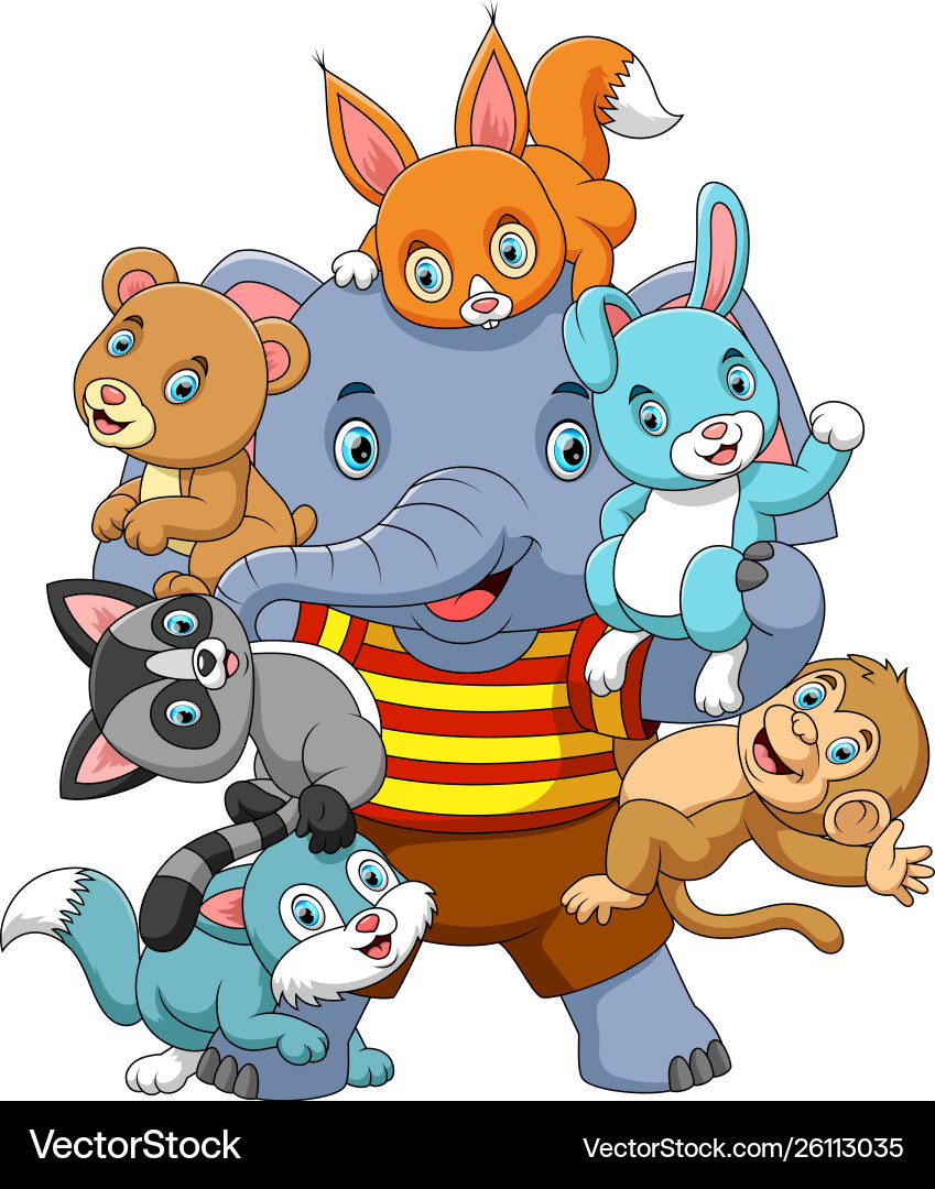 Many animal playing with big strong elephant Vector Image