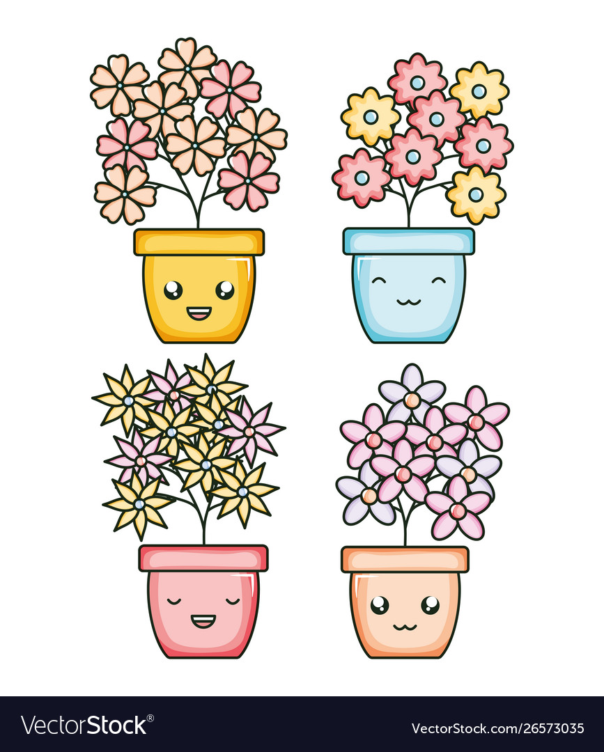 Set garden plants in pots kawaii characters Vector Image