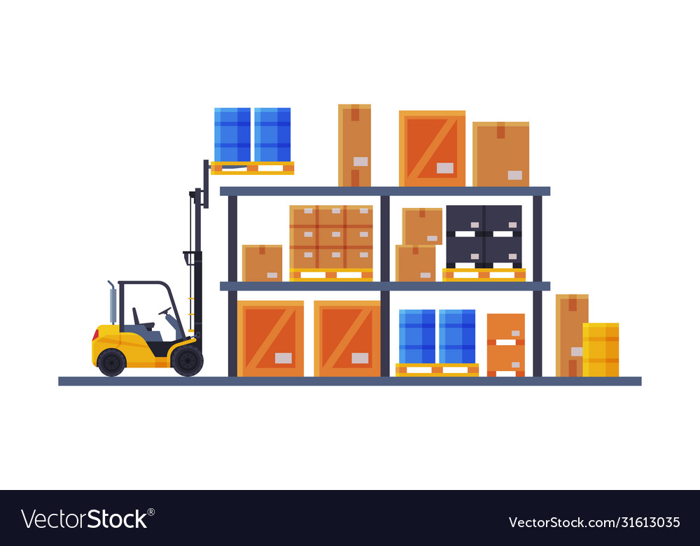 Warehouse interior shelves with cardboard boxes Vector Image