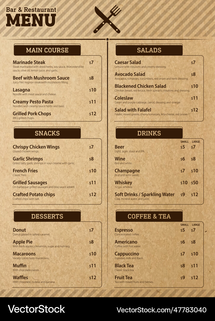 Bar and restaurant menu on crafted paper Vector Image