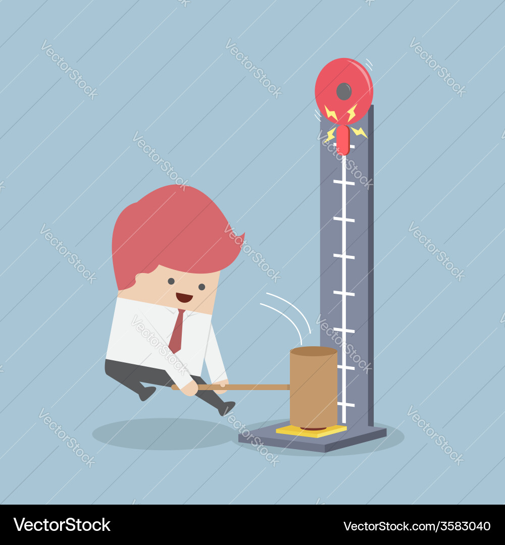 Businessman at a carnival hitting a strength teste