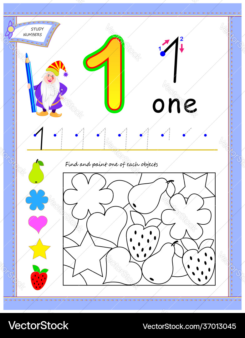 Educational page for kids with number 1 find Vector Image