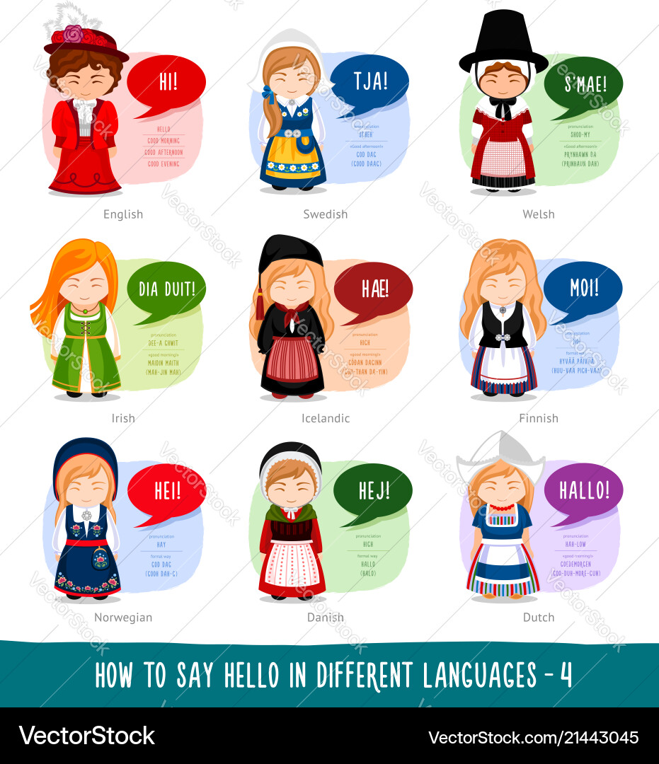 Girls saying hello in foreign languages Royalty Free Vector