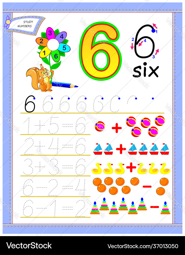 Educational page for kids with number 6 solve Vector Image