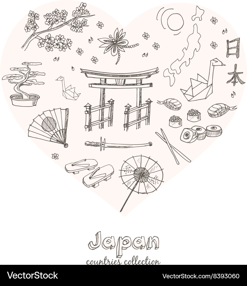 Hand drawn doodle japan symbols set Royalty Free Vector