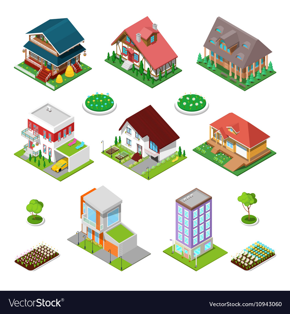 Isometric city buildings houses and cottages Vector Image Isometric city buildings houses and cottages Vector Image