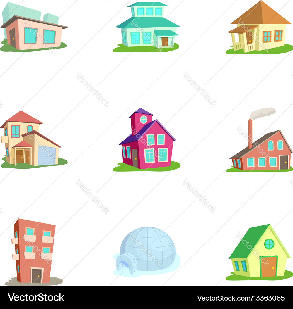 Building icons set cartoon style Royalty Free Vector Image
