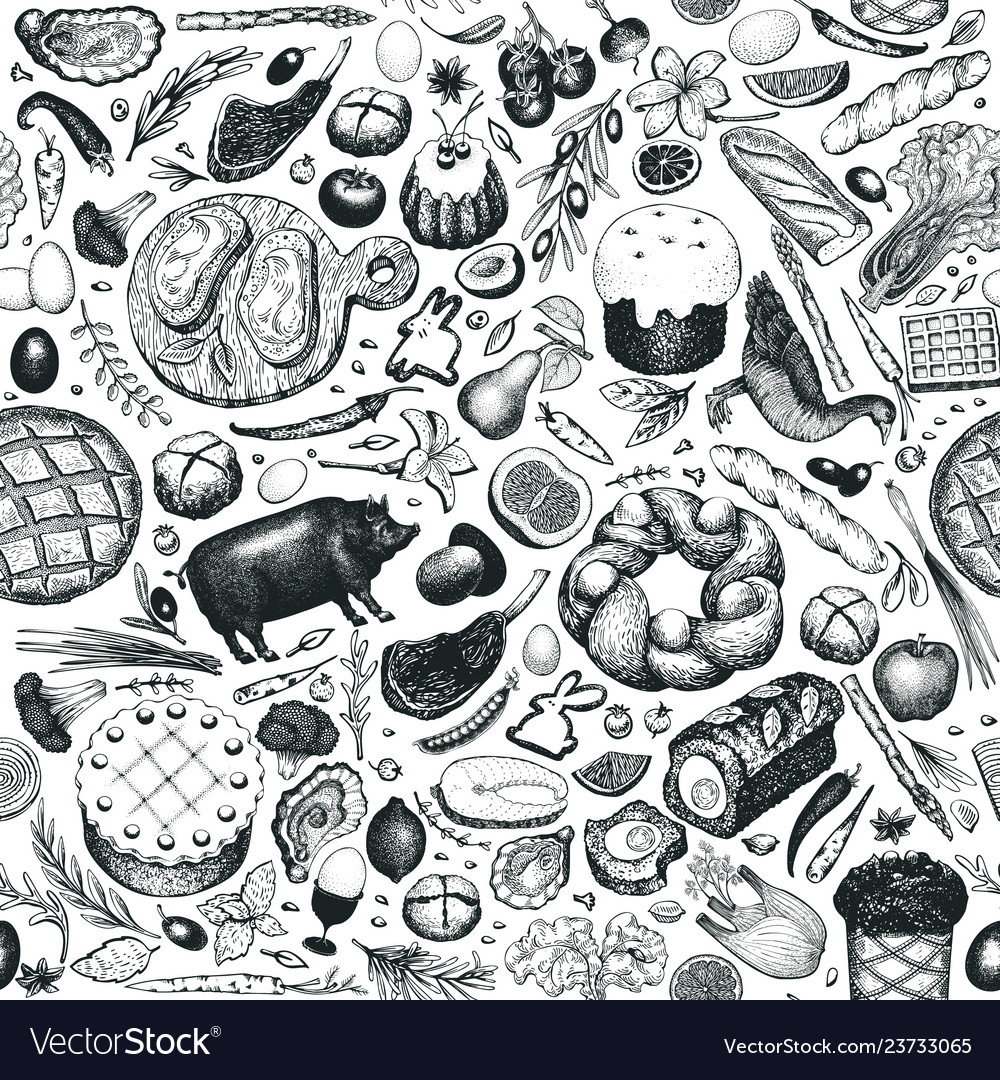 Easter dinner seamless pattern hand drawn Vector Image