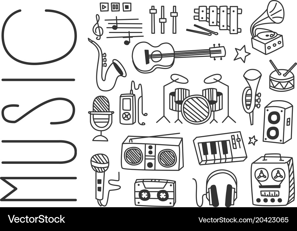 Hand drawn design of various musical Royalty Free Vector