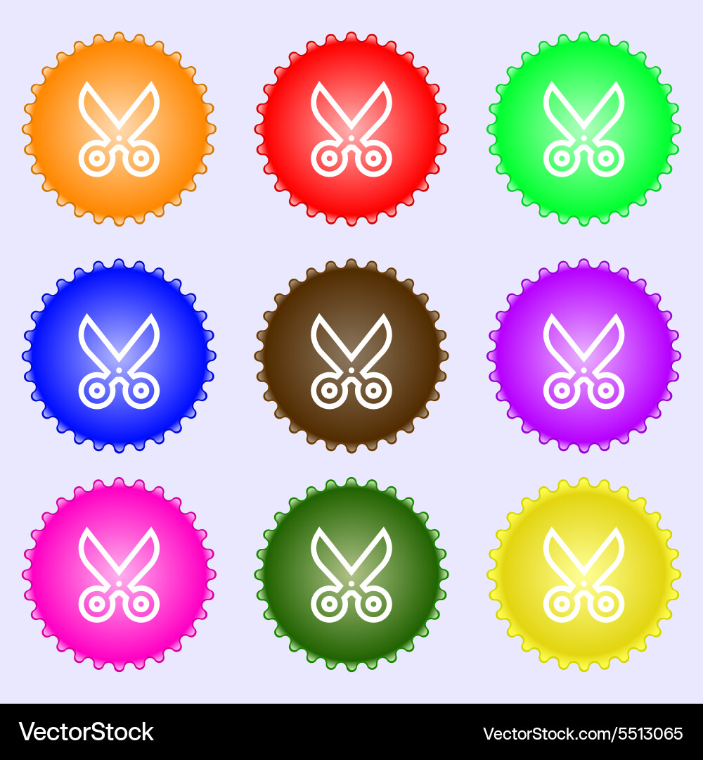 Scissors icon sign a set of nine different colored