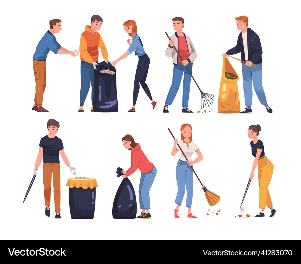 People character collecting garbage in sack Vector Image